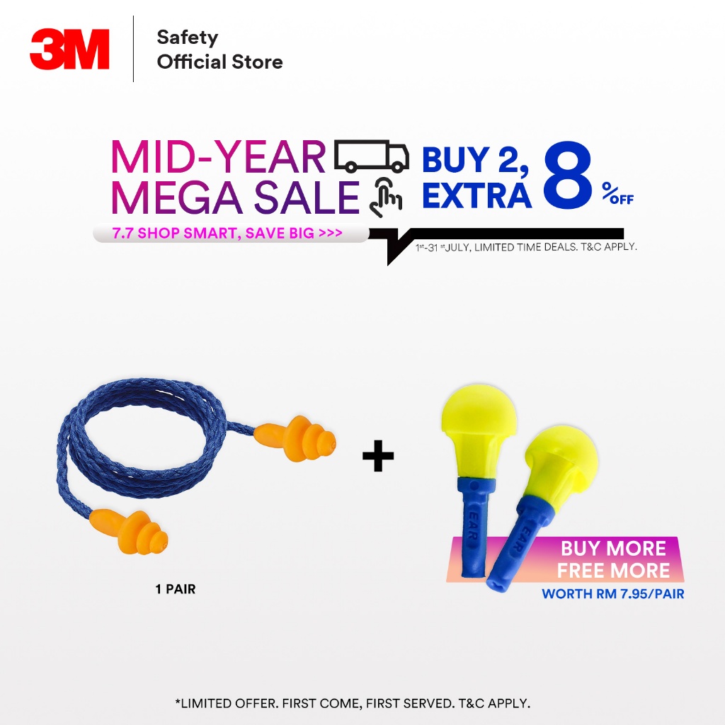 3M™ 1271 Reusable Earplugs /Corded/ SNR 26 dB/ DOSH SIRIM [1 Pair] EP ...