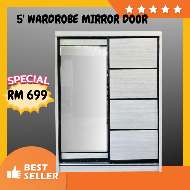 Offer 2024 5’W Sliding Wardrobe with Mirror Door / Almari Baju Sliding ...