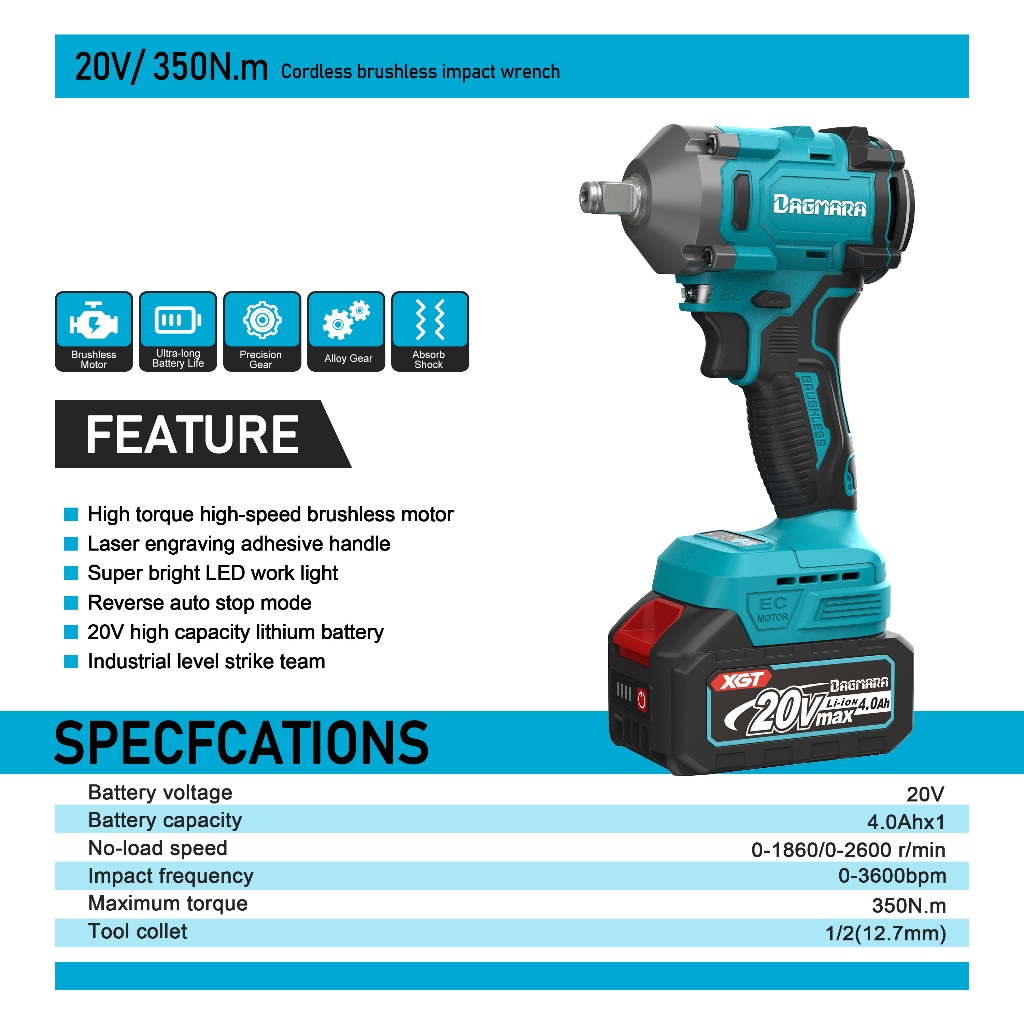 DAGMARA DIW01-350 Cordless Impact Wrench Driver Sockets Fast Charger ...