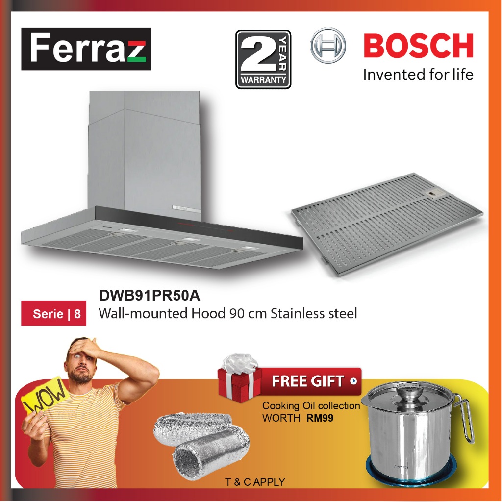 Bosch DWB91PR50A Series 8 Wall Mounted Hood 90cm Stainless steel ...