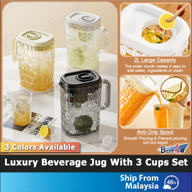 BEST4U 2L Luxury Beverage Jug With 3 Cups Set | Large Capacity Cold ...