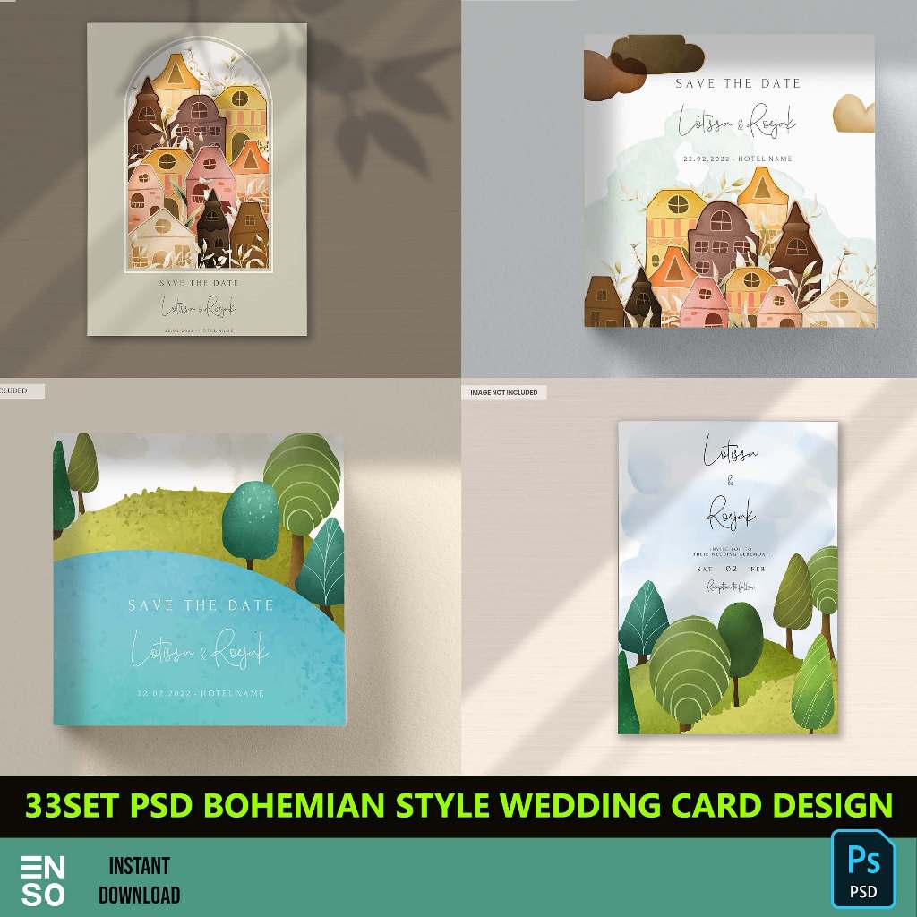 33-Set PSD Bohemian Style Wedding Card Design Template | PHOTOSHOP Kad ...