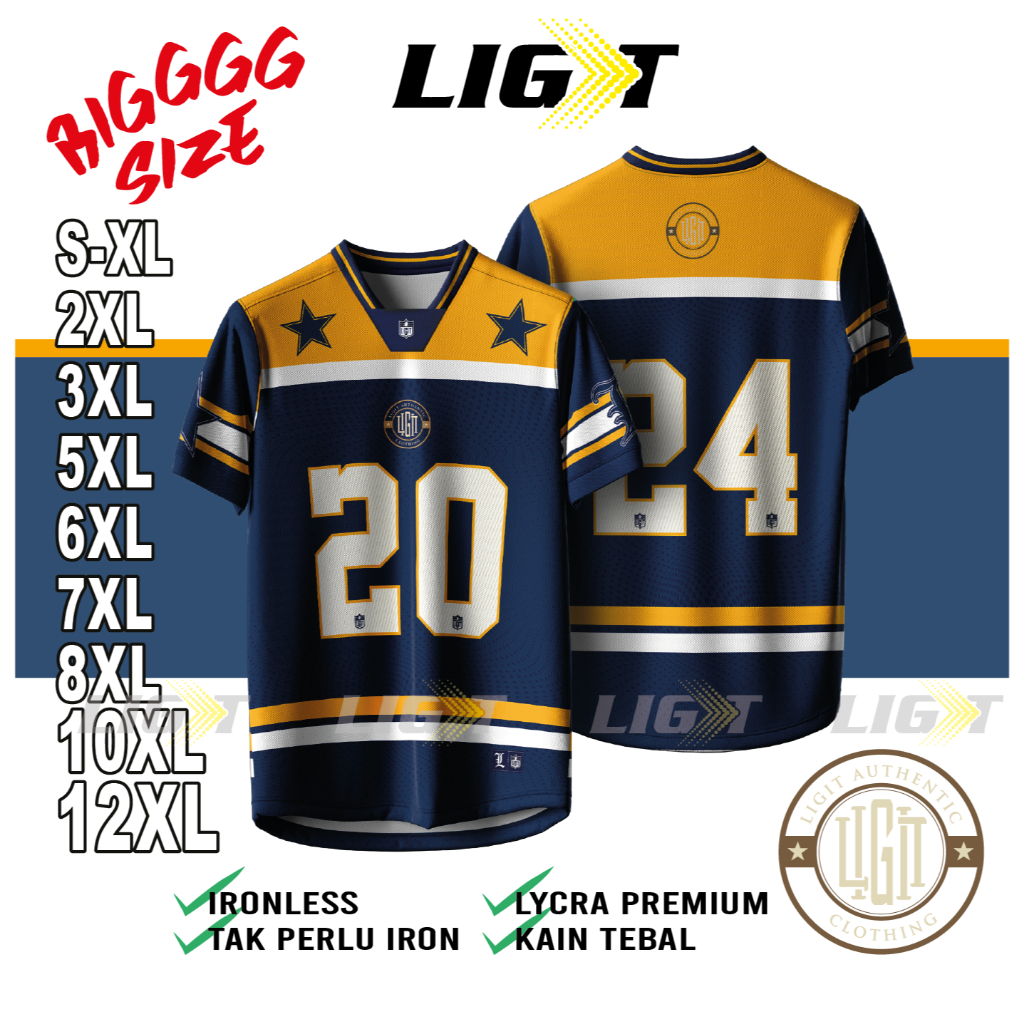 LIGIT Premium NFL Blue Star Series Shirt Oversized Big Size 12XL 10XL Baju Besar Saiz Baseball ...