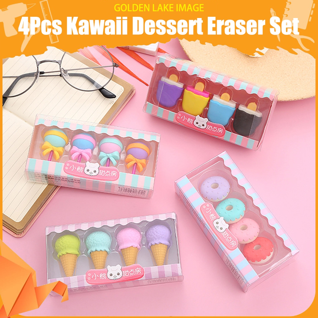 4 Pcs/Box Cute Eraser Donut Ice Cream Modeling Rubber Erasers Cleaning ...