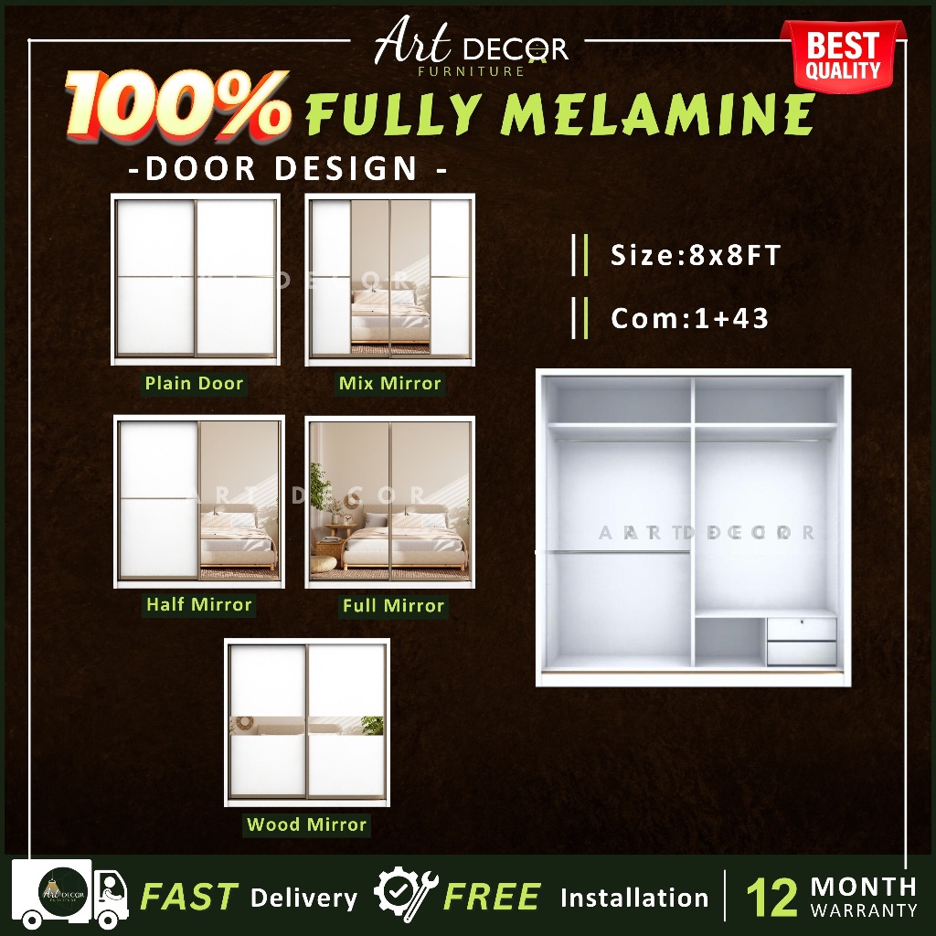 [FREE INSTALL] 100% Melamine Almari Baju Full Cermin /Mirror Wardrobe Sliding Door Anti Jump 5ft ...