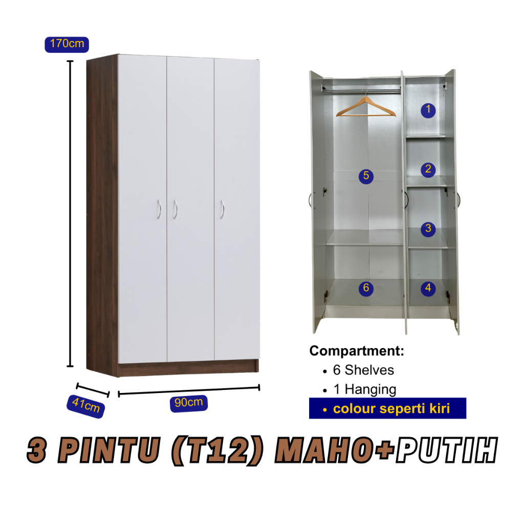 Almari Baju 3 Pintu (Premium T15 / Murah T12) 3 Door Wardrobe Kabinet ...