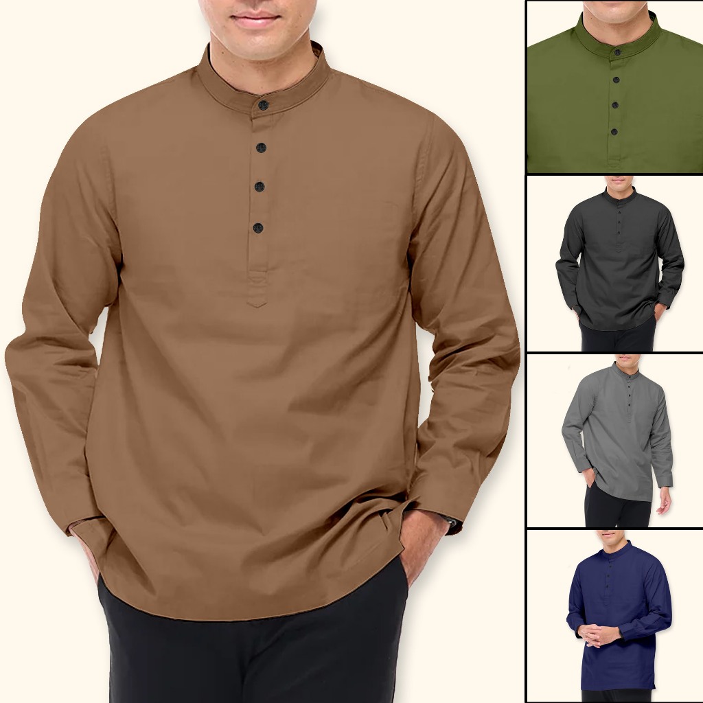 Kurta Raya Full Sleeve Stand Collar / Kurta Lelaki Muslim Casual Shirt ...