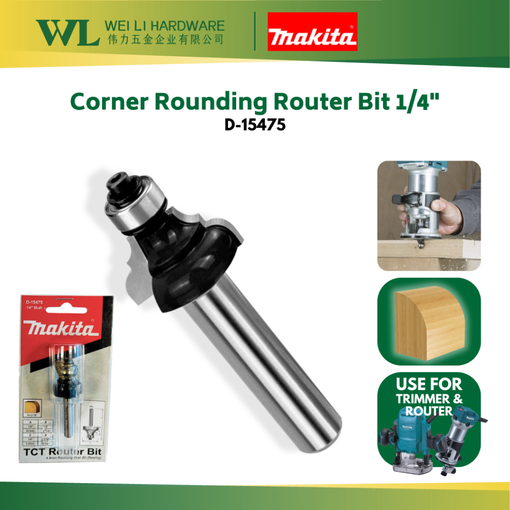 Makita 1/4" Router Bit Ball Bearing Corner Rounding Bit D-15475 / mata ...
