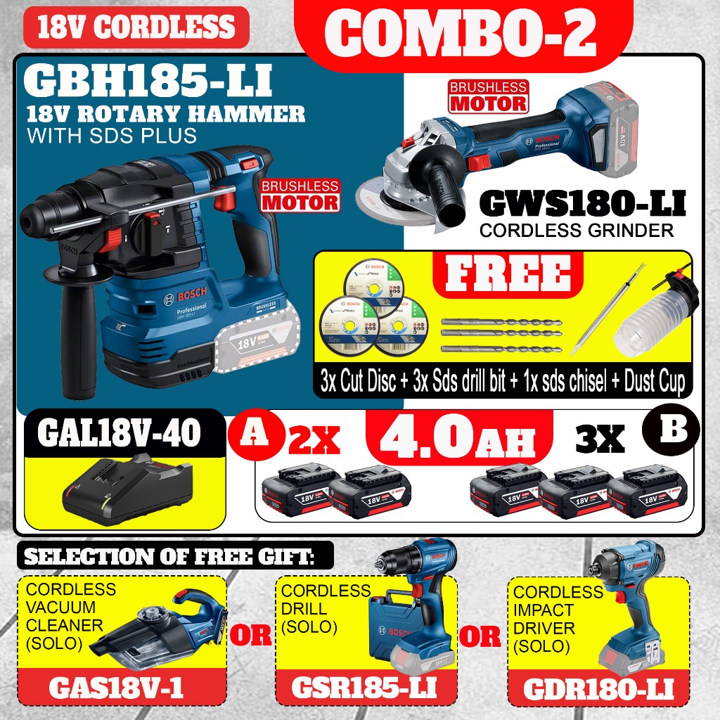 BOSCH COMBO GBH185-LI 18V CORDLESS ROTARY HAMMER+GWS180-LI CORDLESS ...