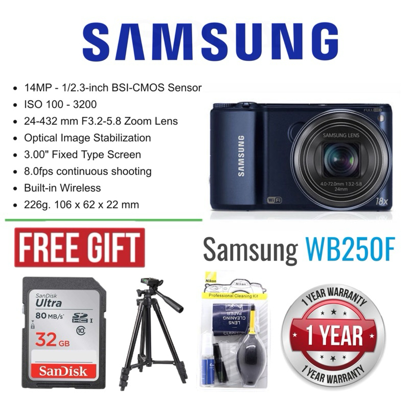 SAMSUNG WB250F 18X SUPER ZOOM COMPACT CAMERA 14MP BSI CMOS SENSOR (1 ...