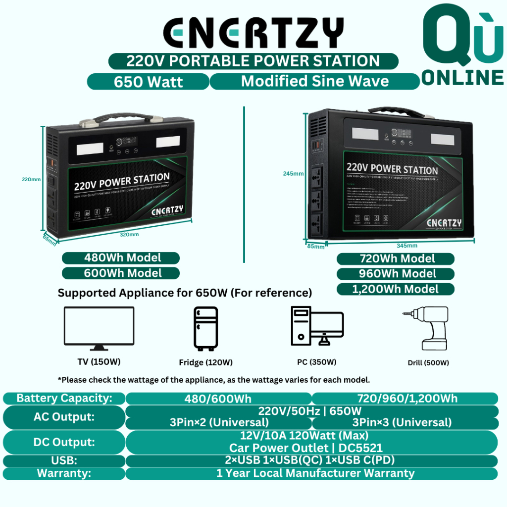 ENERTZY Portable Power Station 650W AC 220V Output Emergency Power ...