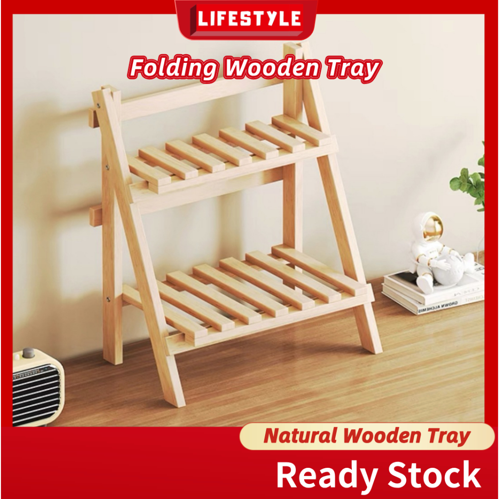 LIFESTYLE 🔥Good Quality🔥Folding Wooden Tray Wooden Display Rack Double ...