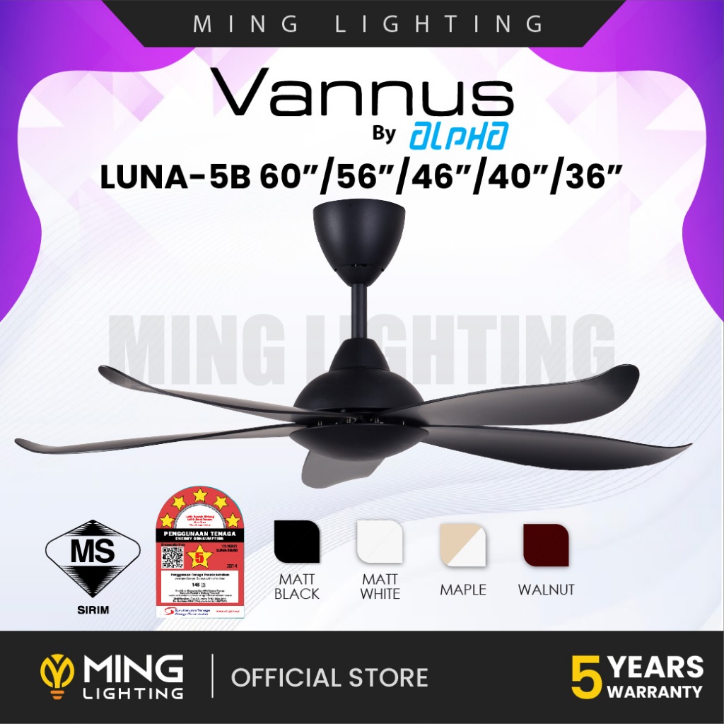 (Sirim) ALPHA VANNUS Ceiling Fan LUNA 60" 56" 46" 40" 36" Remote ...
