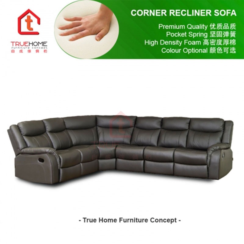 EMBER Corner Recliner Sofa/Spring Feel (High Density Foam) Seat/Solid Wooden Frame With Recliner ...