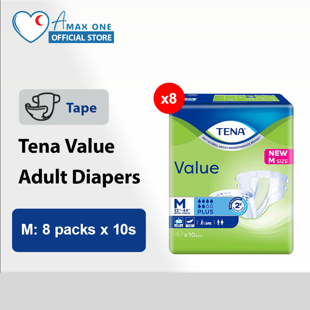 Tena Value Adult Tape Diapers (1 Carton 8 Packs) - Size M (10x8) / L (8x8) / XL (8x8) | Shopee ...