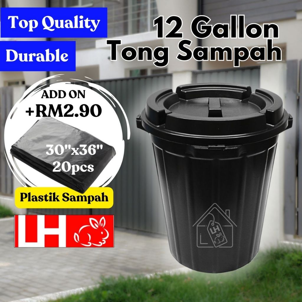 12 Gallon Tong Sampah Hitam Pail with Cover Garbage Bin with Cover Plastic Dustbin with Cover ...