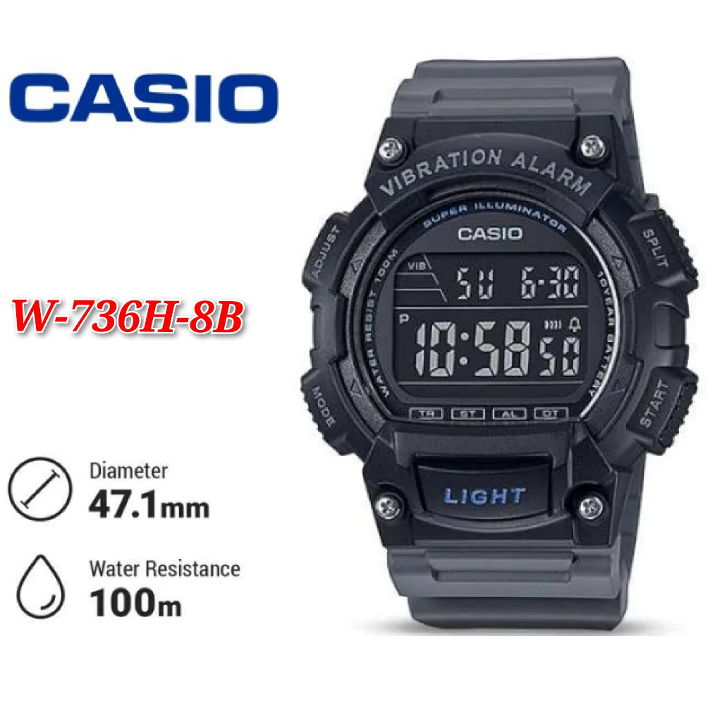 Casio W-736H Super Illuminator Vibration Alarm 10 Year Battery Matte ...