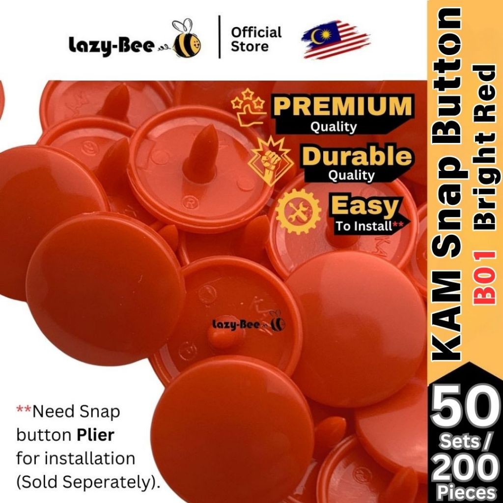 LAZY BEE B01 Bright Red 50 Sets 200 pieces T3 T5 KAM Snap Button ...