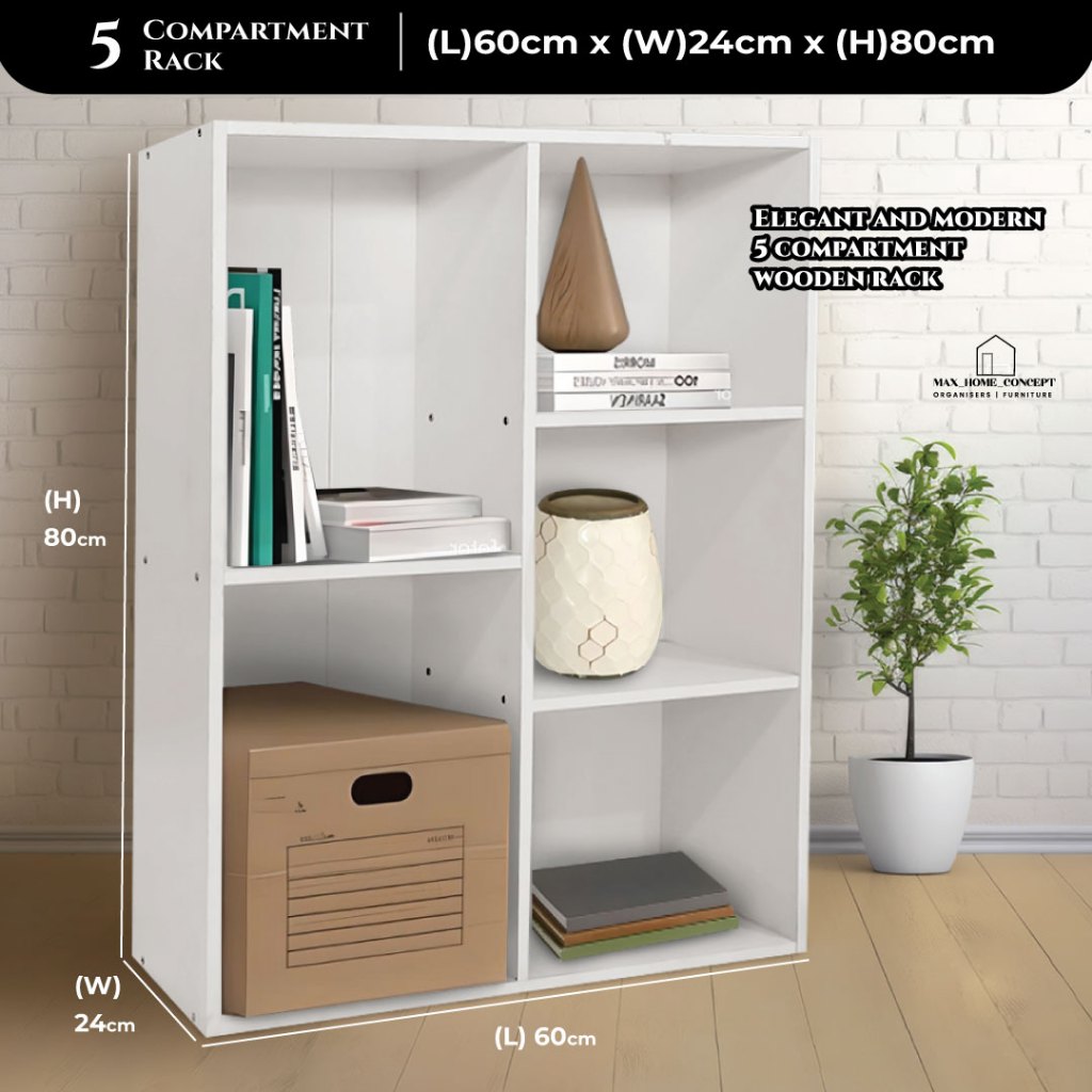 TERMURAH | 5 COMPARTMENT BOOKSHELF 10% BIGGER | MULTIPURPOSE SHELF ...