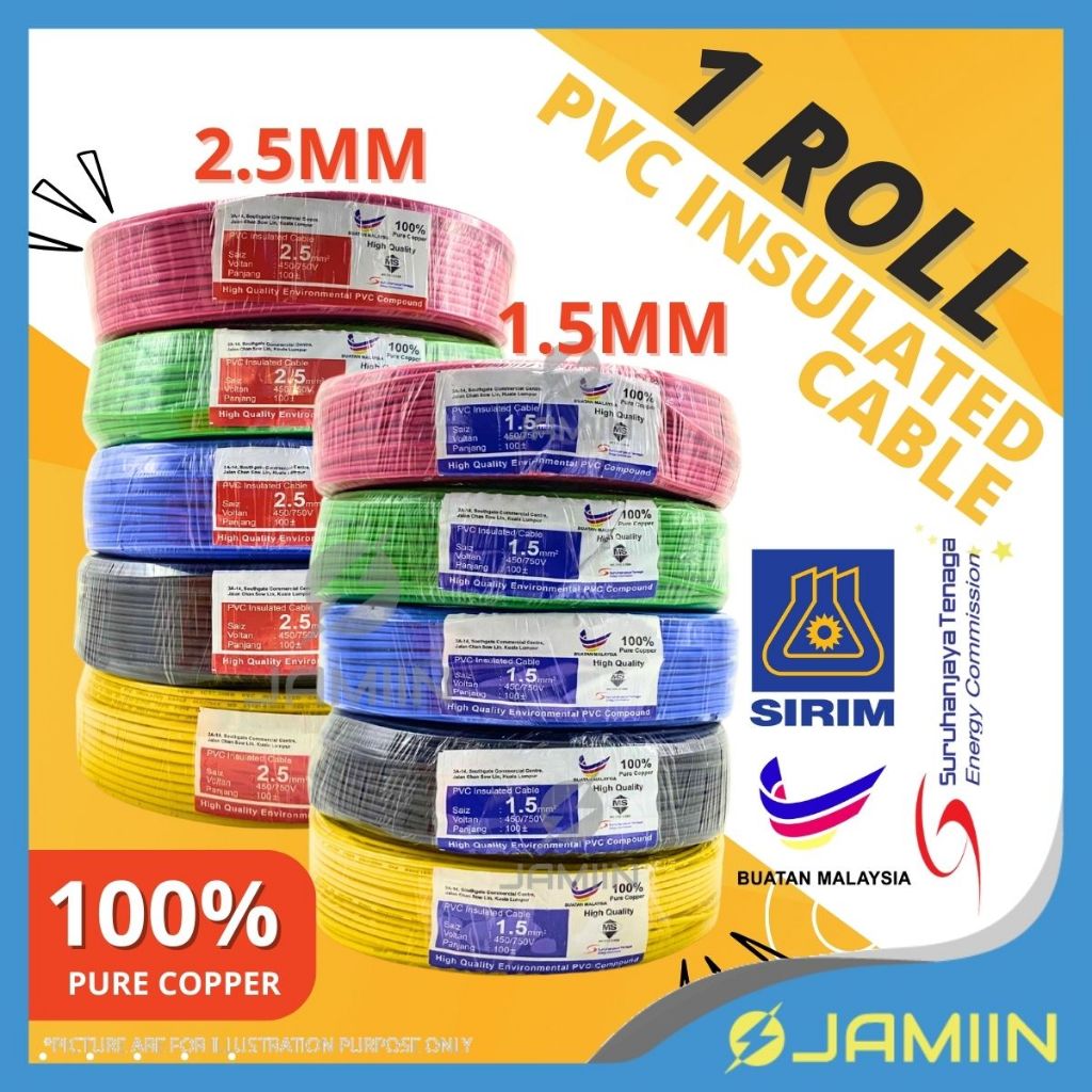 SIRIM 1 ROLL 1.5mm / 2.5mm PVC Insulated Cable 100 METER Kabel Wayar Elektrik Pure Copper Cable ...