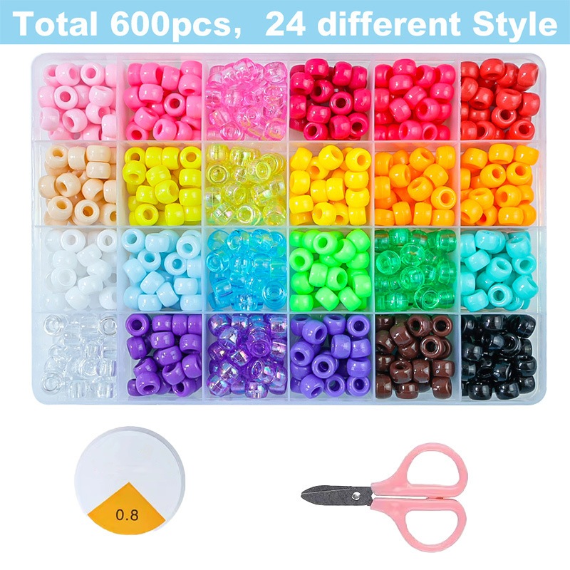 600pcs 6*9mm Rainbow Pony Beads with Elastic Cord, Bracelet Making Kit ...
