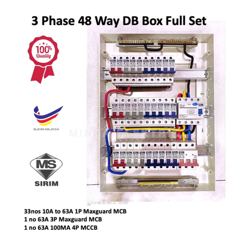 3 Phase DB Box 48 Way 63A Maxguard (Full Set) MCB 10 -63A Distribution ...