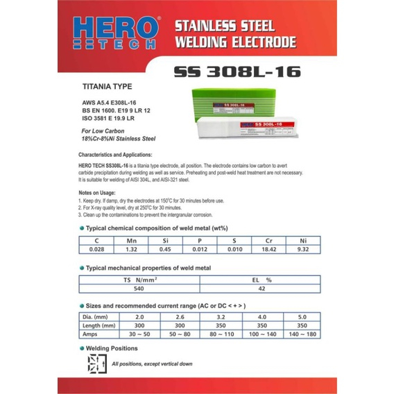 HEROTECH Stainless Steel Welding Electrode welding rod 2.6mm 3.2mm 4.0mm 308L-16 (2.5Kg Per Pack ...