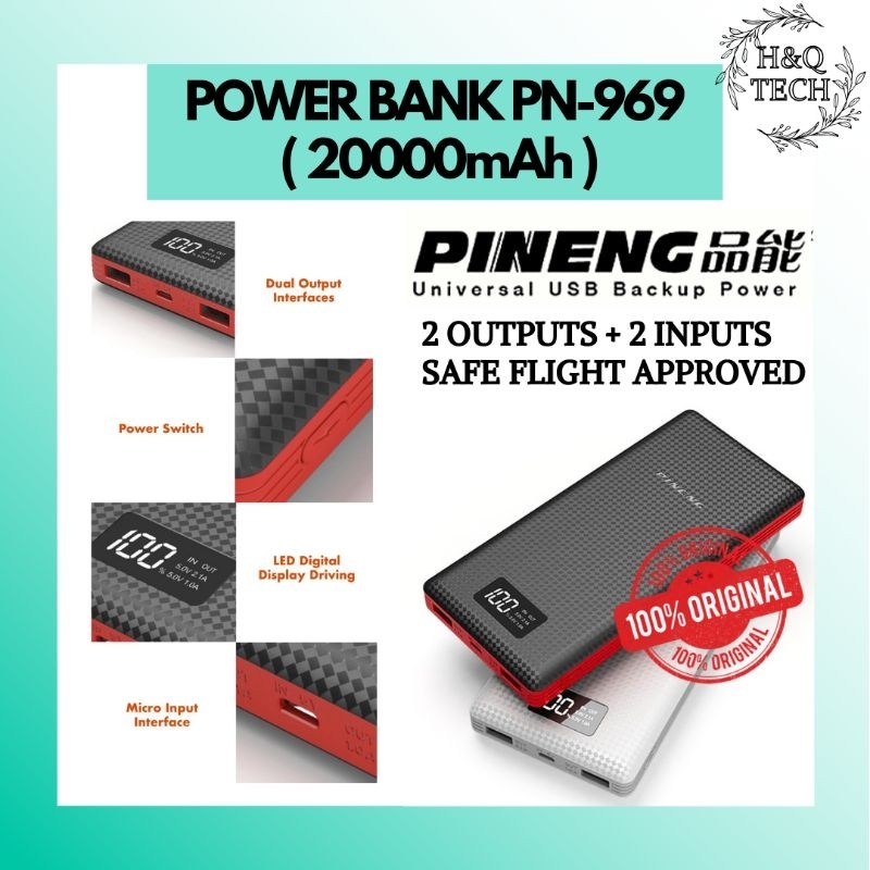 100% ORIGINAL PINENG POWER BANK PN-969 ( 20000mAh ) 2 INPUTS + 2 ...