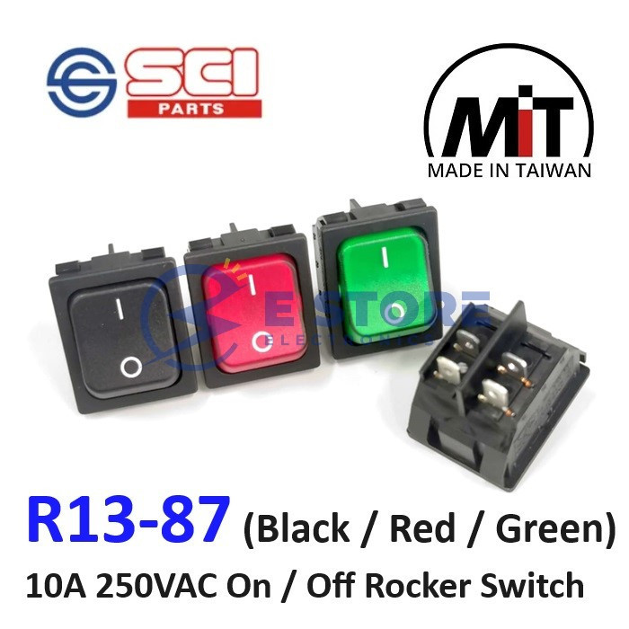 SCI R13-87 Series Black / Red / Green 250VAC 10A 4 Pin On / Off Rocker ...