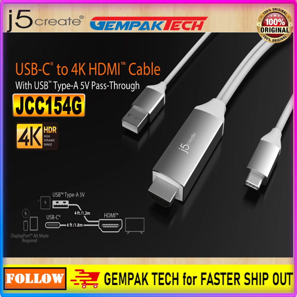 J5CREATE USB-C to 4K HDMI Cable With USB Type-A 5V Pass-Through ...