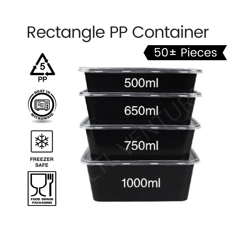 (50Pcs) PP Black Rectangular/Rectangle Plastic Container with Lids ...