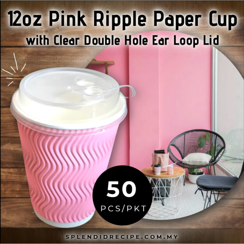 12oz Pink Ripple Paper Cup With Double Hole Ear Loop Lid ( 50 pcs ...