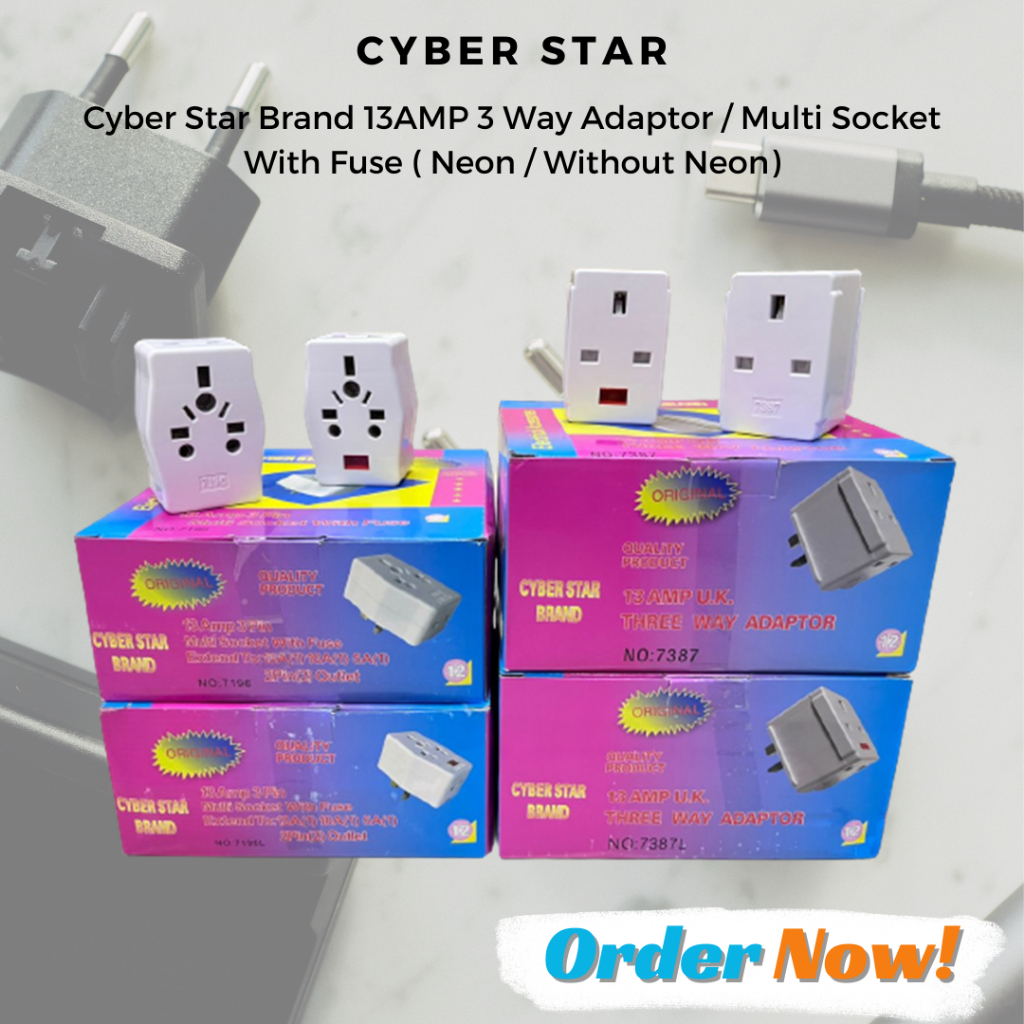 Cyber Star Brand 13A 3 Way Adaptor / Multi Socket With Fuse (Neon ...