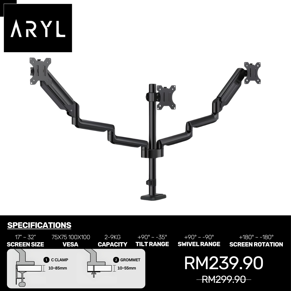 the Aryl™ Pole-Mounted Gas Spring Triple Monitor Arm | Shopee Malaysia