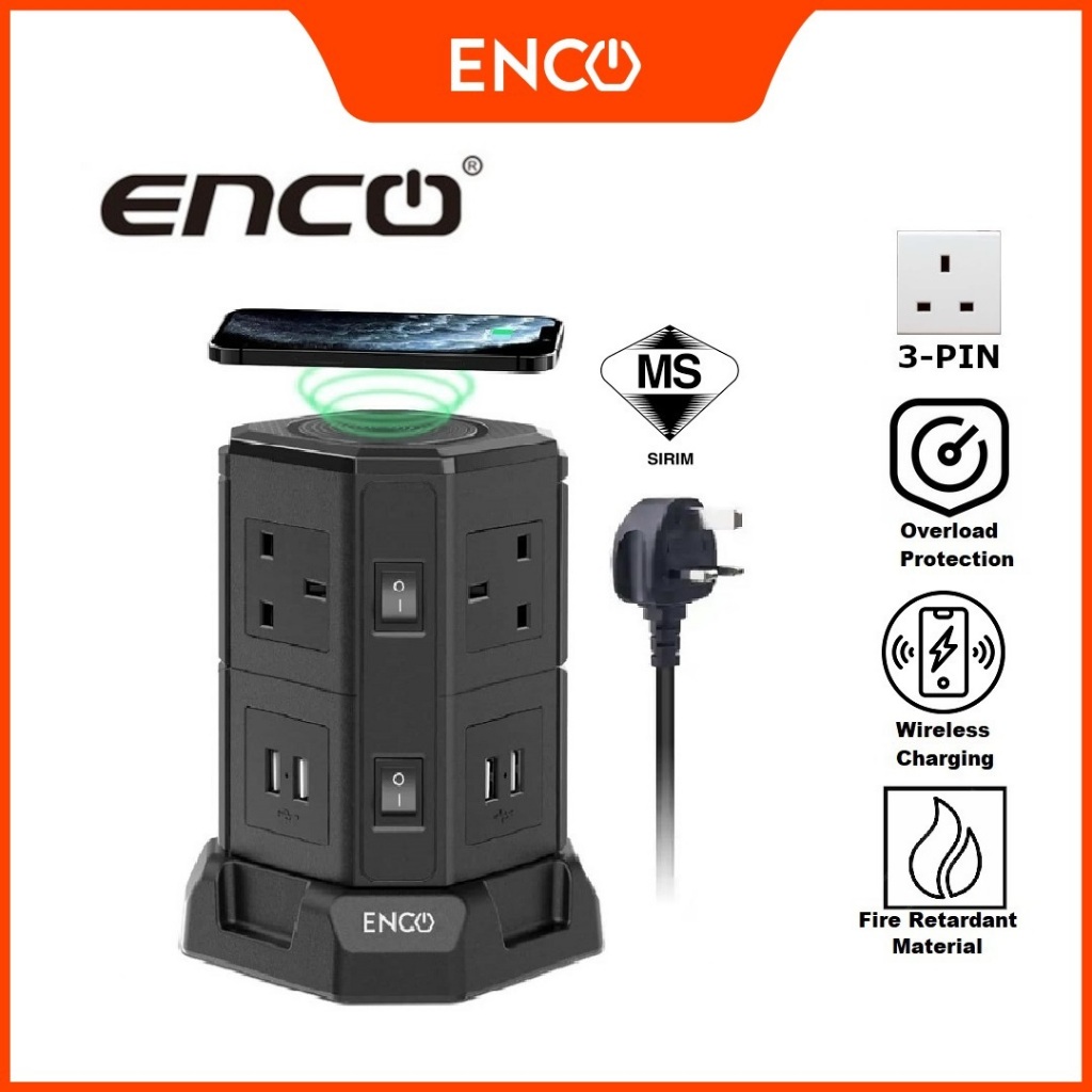 ENCO (4U6K-W BLACK) 6 GANG 4 USB PORT WIRELESS CHARGING PAD VERTICAL ...