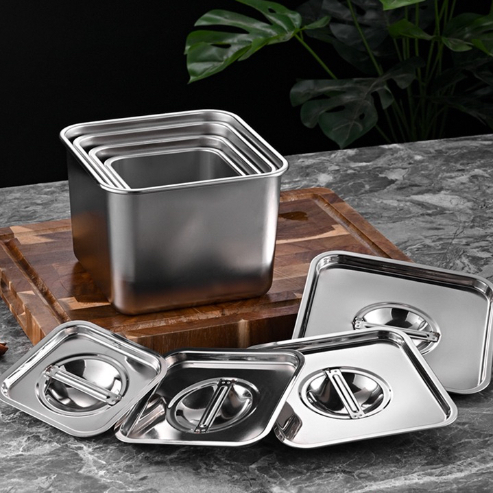 Mini Stainless Steel Food Pan and Cover Lid Sauce Bowl Square Condiment ...