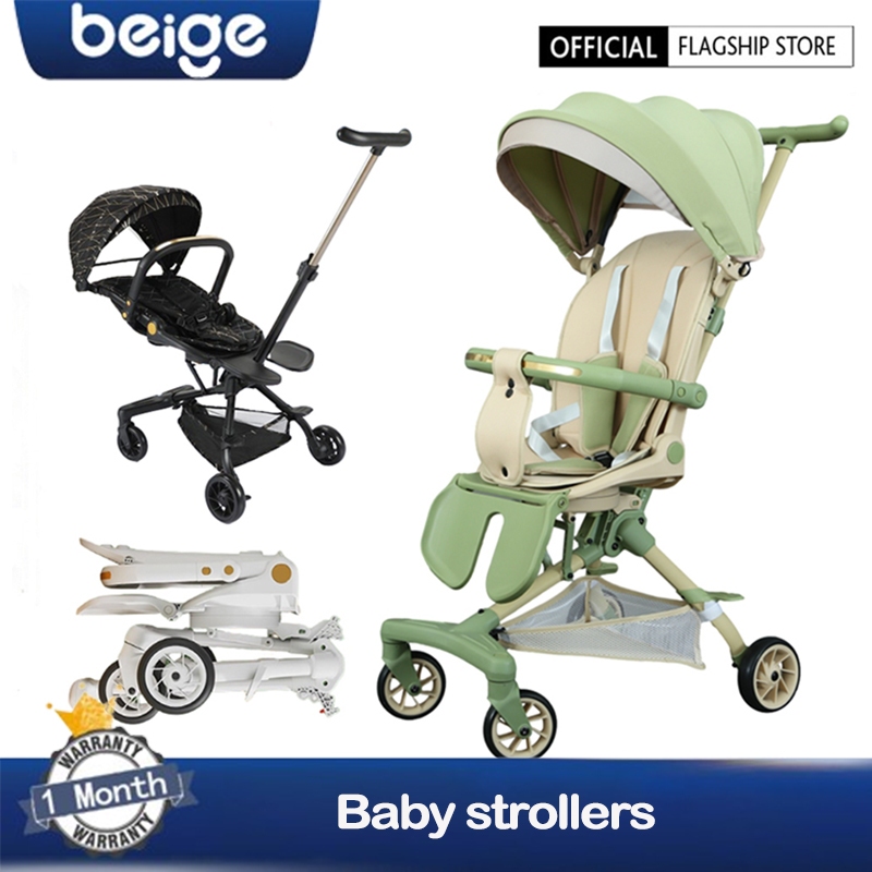 beige Foldable 2 Way Baby Stroller 4 wheels Ultra lightweight Foldable ...