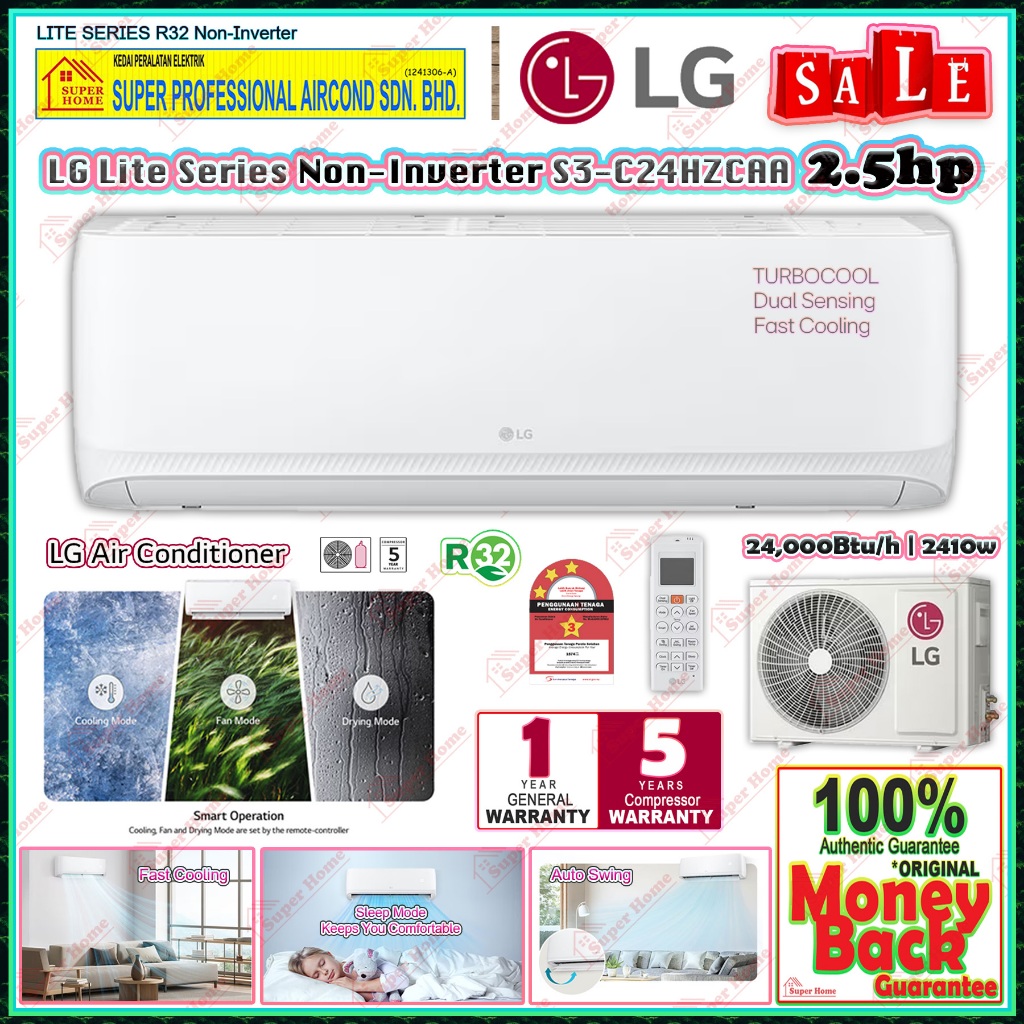 LG 2.5hp Non Inverter Air Conditioner S3-C24HZCAA Lite Series Air ...