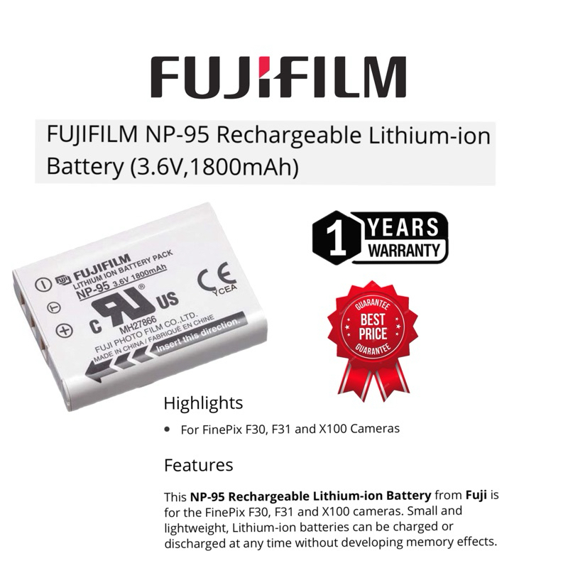 FUJIFILM NP95 NP-95 RECHARGABLE BATTERY 3.6V 1800 MAH (1 YEARS WARRANTY ...