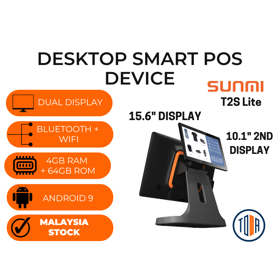Sunmi T2s Lite All in One Desktop POS Touchscreen Terminal 15.6" inch Android (Dual Display, 4 ...