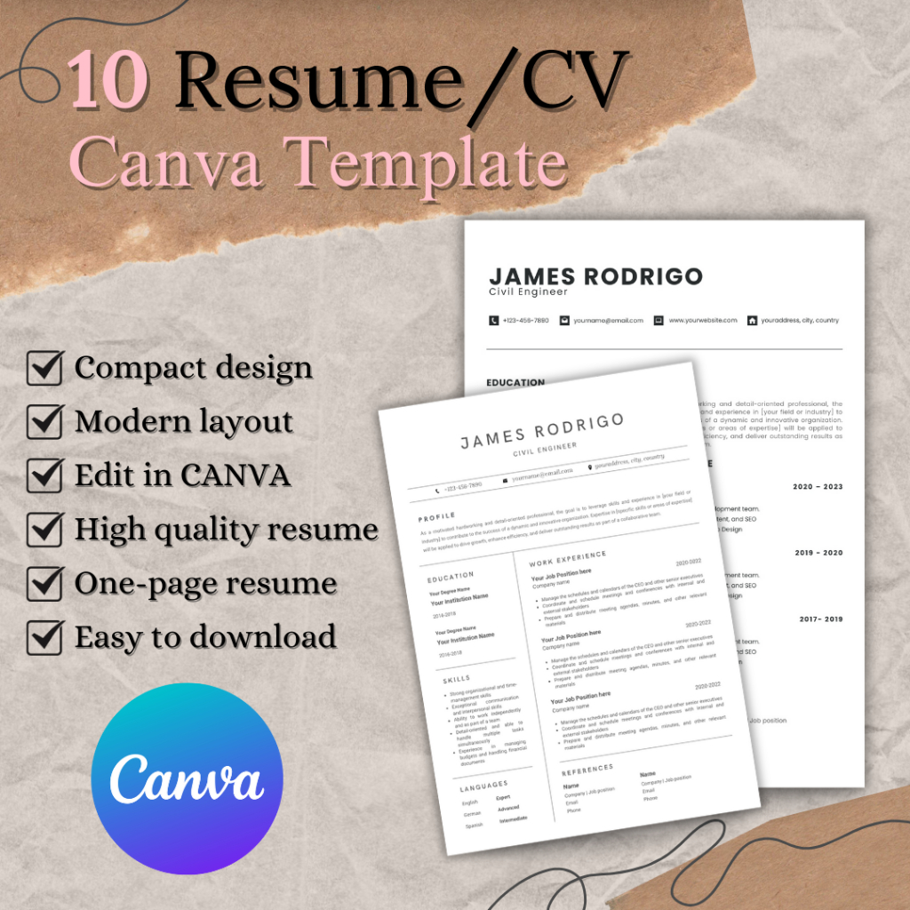 10 Modern Resume Template | Clean and Compact Resume Template | One ...