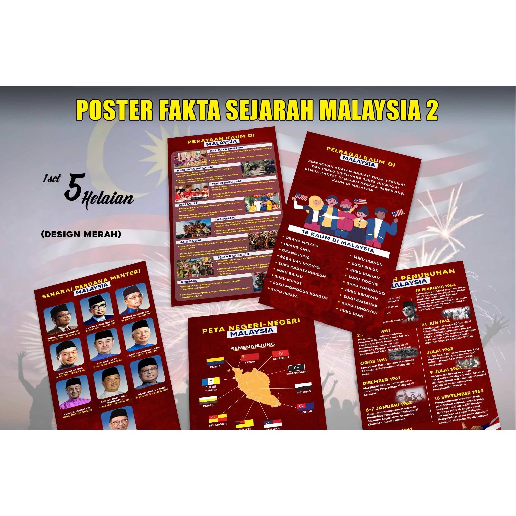 FAKTA SEJARAH MALAYSIA 5pcs / Poster Dekorasi / Set Keceriaan Kelas ...