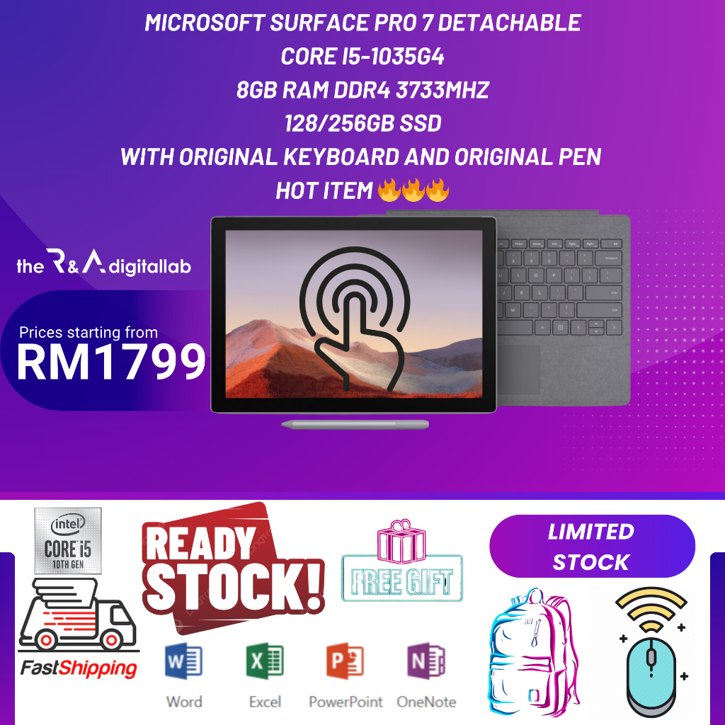 Microsoft Surface Pro 7 Corei5-1035G4/8GB/128,256GB/12.3" With Original Keyboard & Original Pen ...