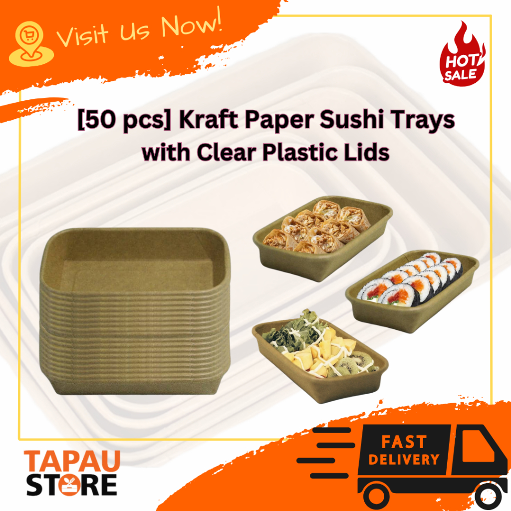 NEW MODEL!! (50PCS) Kraft Paper Sushi Tray / Tray with Clear Plastic ...