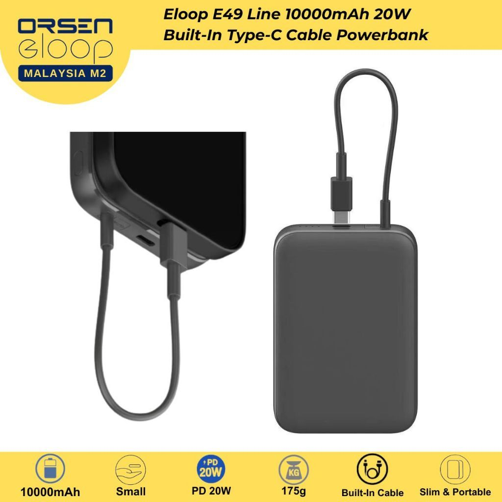 Orsen Eloop E49L/E49 Powerbank Built-in Type-C Cable Small - Black ...
