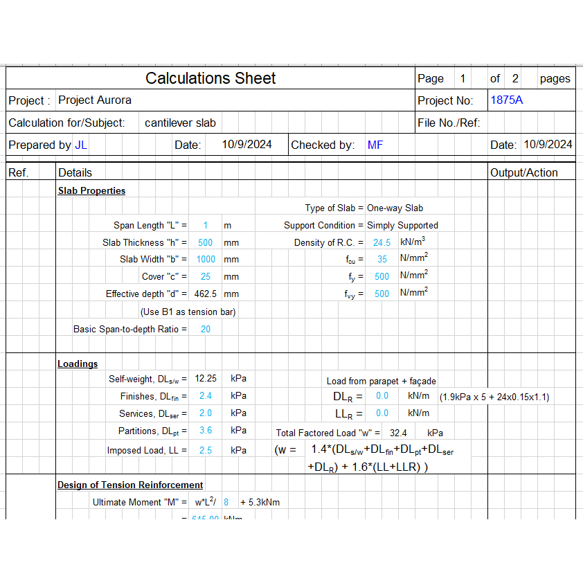 Cantilever Slab Design Excel Spreadsheet with Tension Shear ...