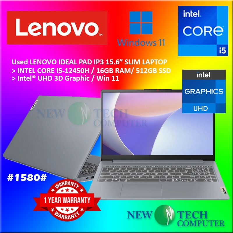 #1580 USED LENOVO IDEAPAD SLIM 3 LAPTOP INTEL CORE I5-12450H 16G 512SSD ...