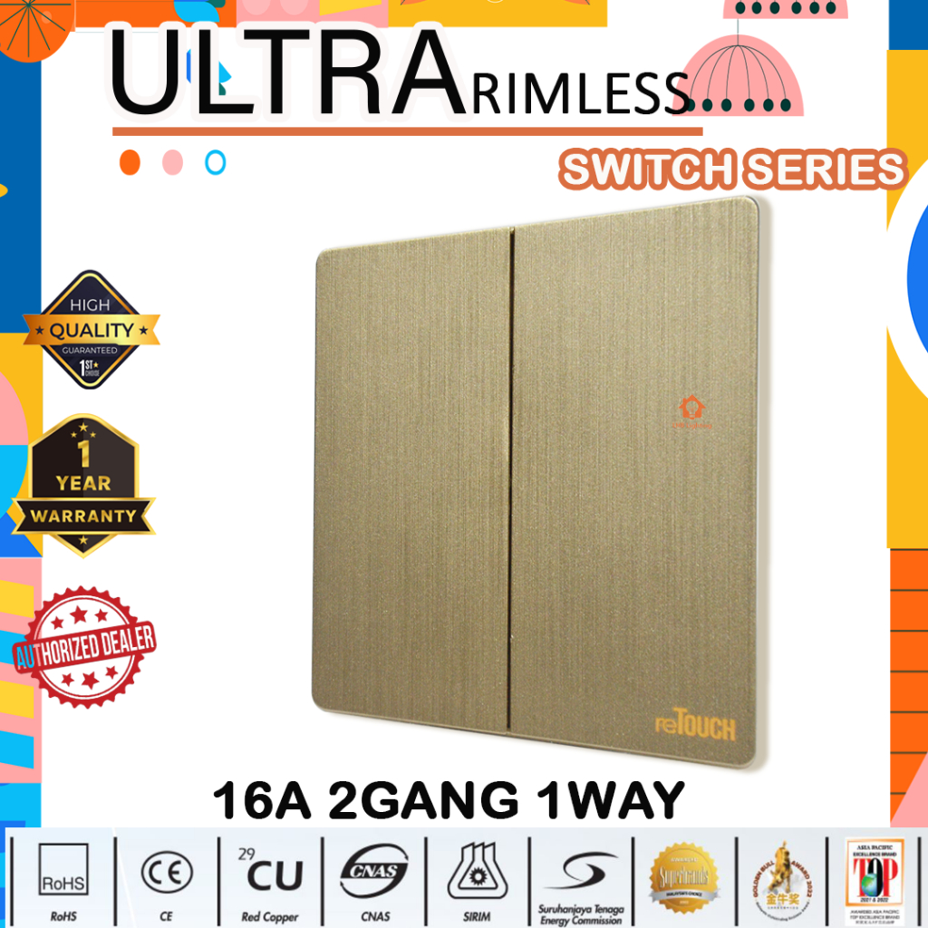 [GOLD] reTouch Ultra Rimless Switch 1/2/3/4 Gang 1/2Way Wall Switch 13A ...