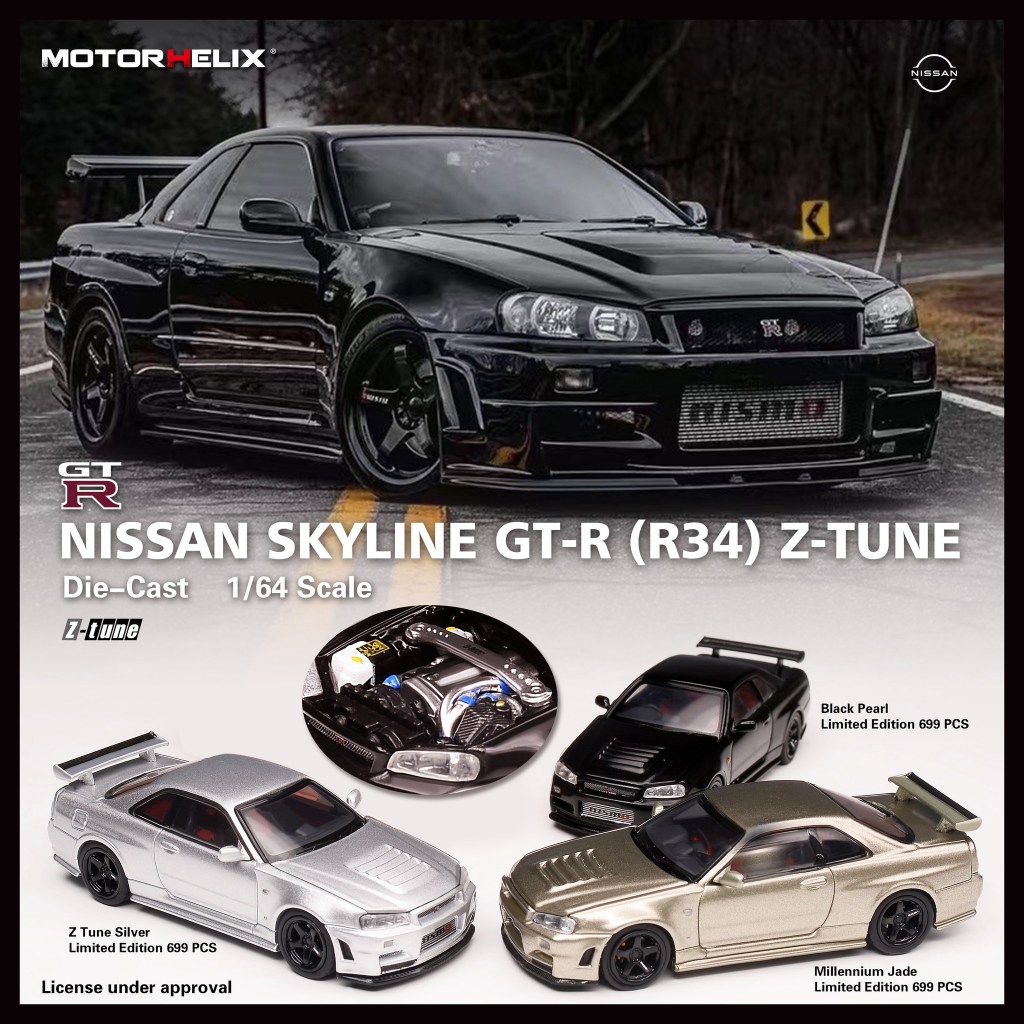 MOTORHELIX, NISSAN SKYLINE GT-R R34, Scale 1/64 diecast, Openable hood, Official License ...