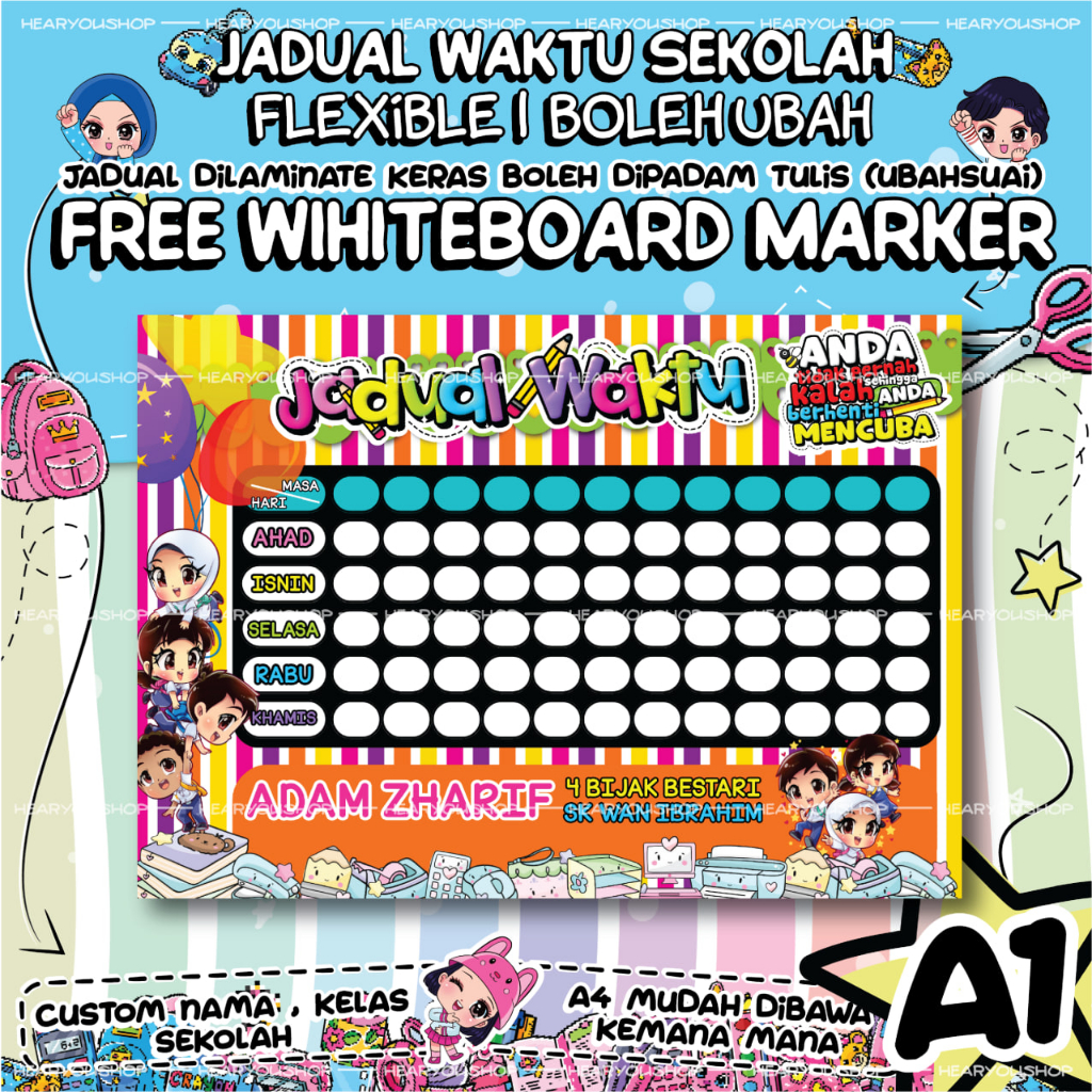 JADUAL WAKTU KELAS BOLEH UBAH A4 JADUAL WAKTU SEKOLAH LAMINATE BOLEH ...